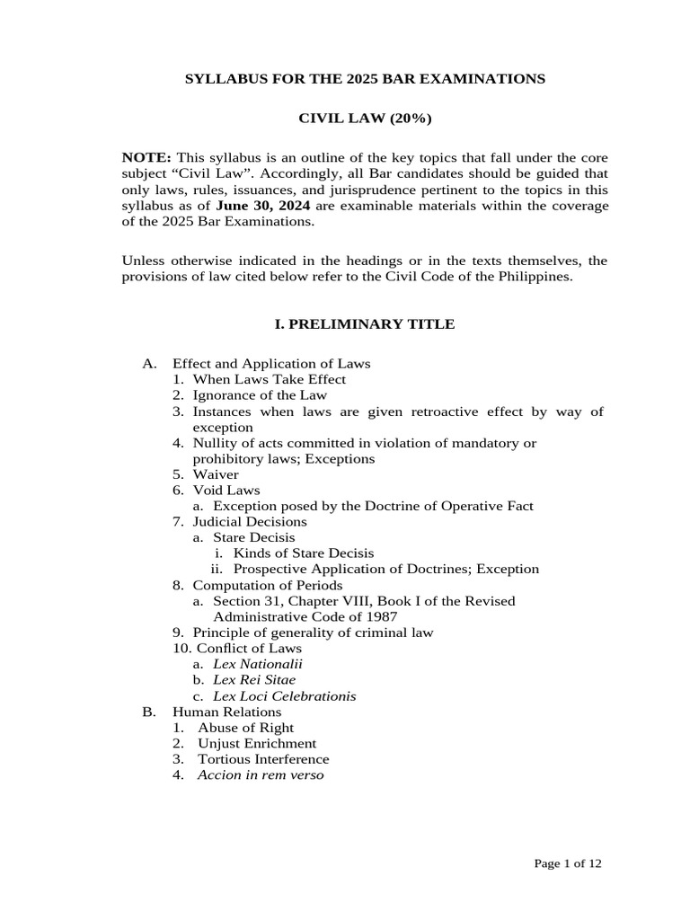 2025 Civil Law Bar Syllabus | PDF