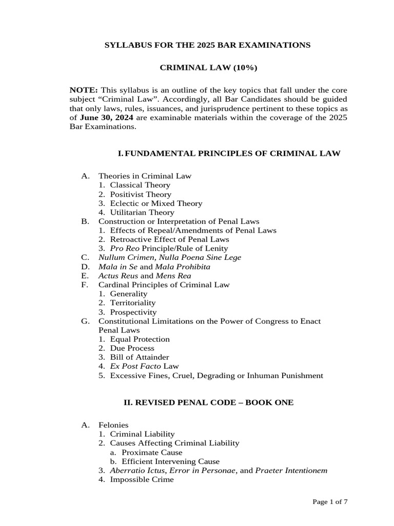 2025 Criminal Law Bar Syllabus | PDF