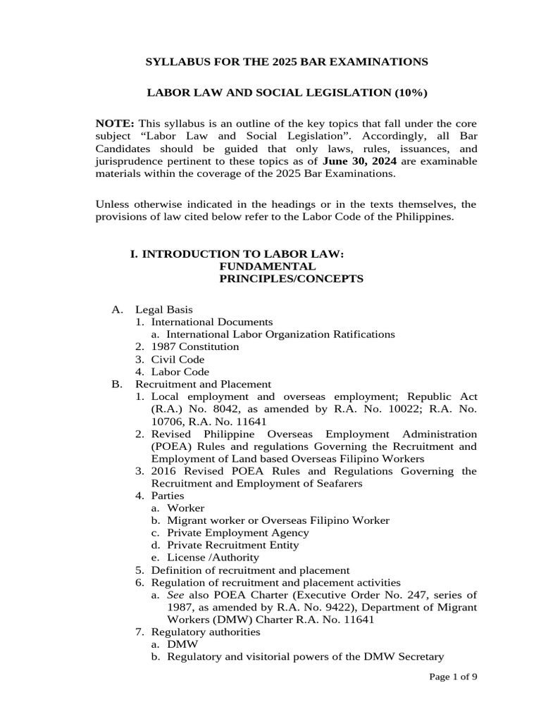 2025 Labor Law Bar Syllabus | PDF