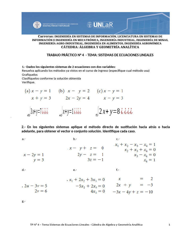 Trabajo Práctico Sistemas de Ecuaciones Lineales | PDF | Ecuaciones | Análisis matemático