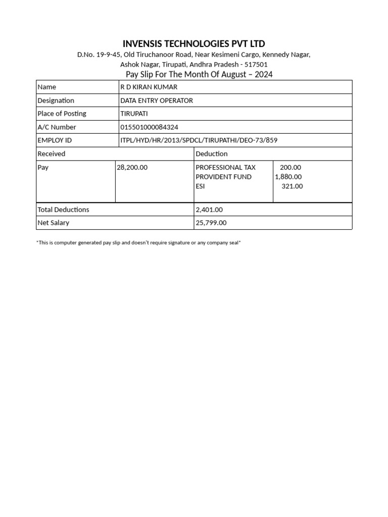 August Pay Slip | PDF
