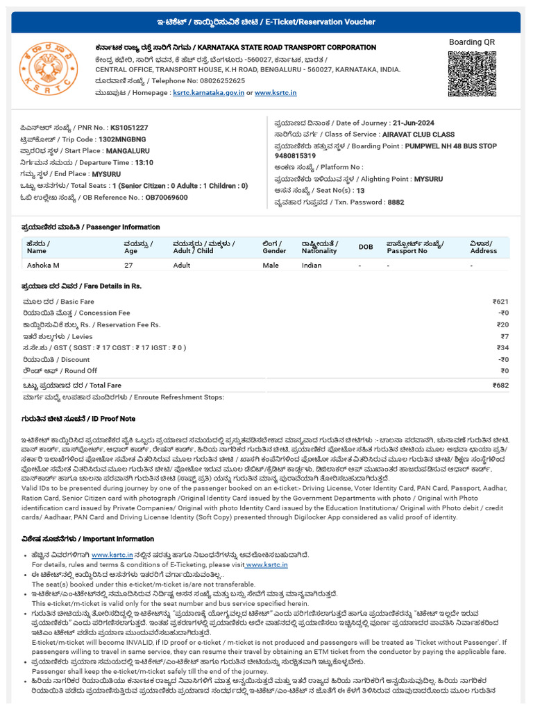 KSRTC - Karnataka.gov - in WWW - Ksrtc.in: - / / E-Ticket/Reservation Voucher | PDF | Identity ...
