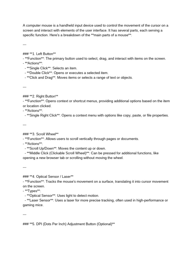 A Computer Mouse Is A Handheld Input Device Used To Control The Movement of The Cursor On A ...