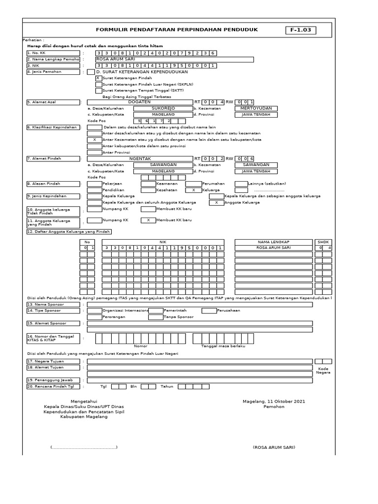 F1.03 Pindah Penduduk | PDF