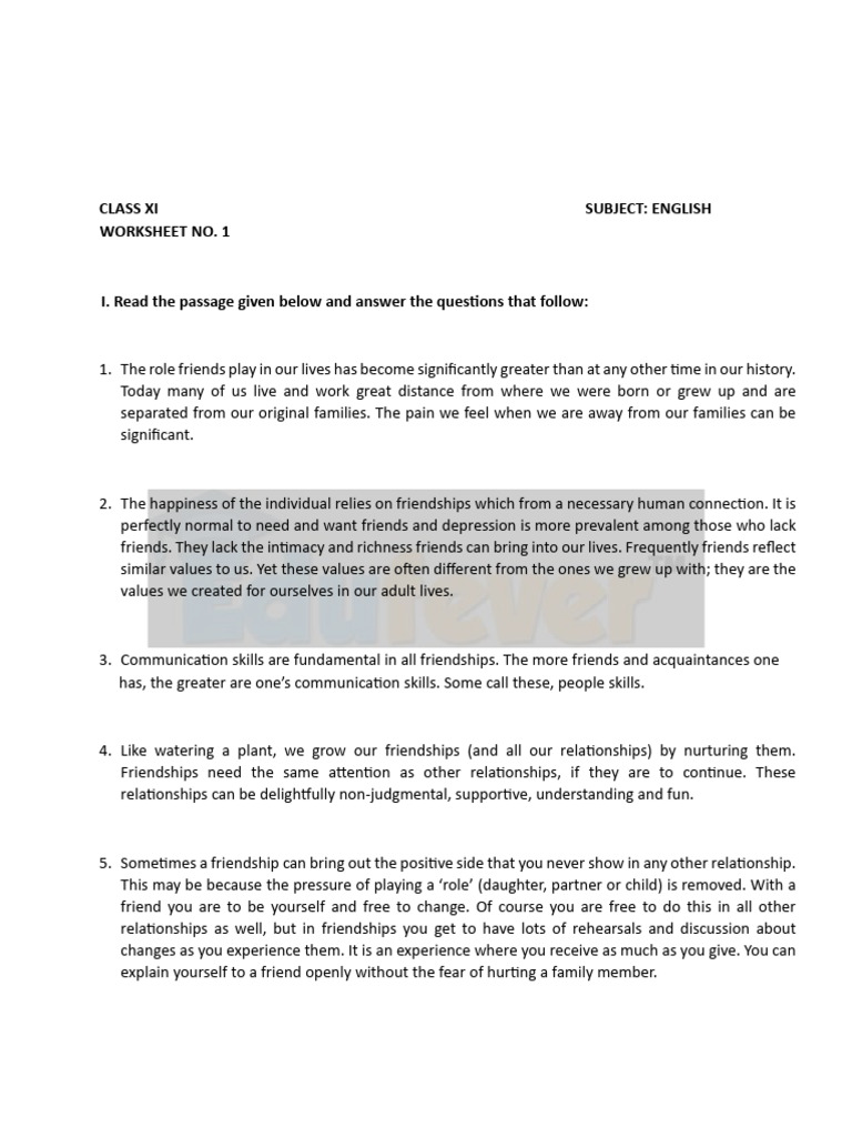 CBSE Class 11 English Worksheet 1 | PDF