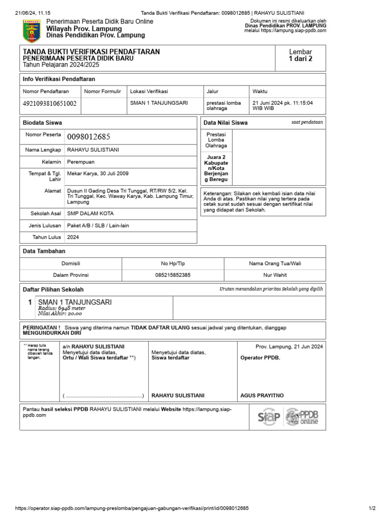 Tanda Bukti Verifikasi Pendaftaran - 0098012685 - RAHAYU SULISTIANI | PDF