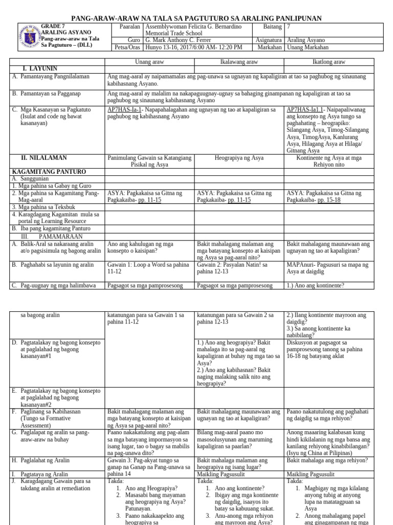 GRADE 7 DLL - 2nd Week Rearranged | PDF