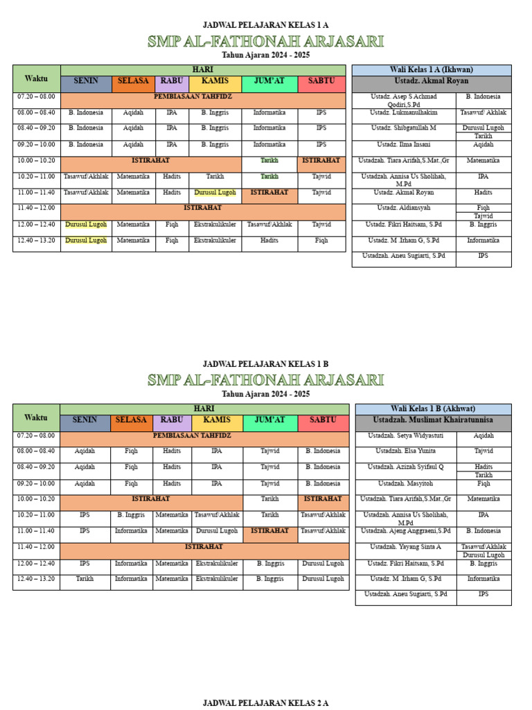Jadwal Pelajaran SMP-SMA 20242025 | PDF