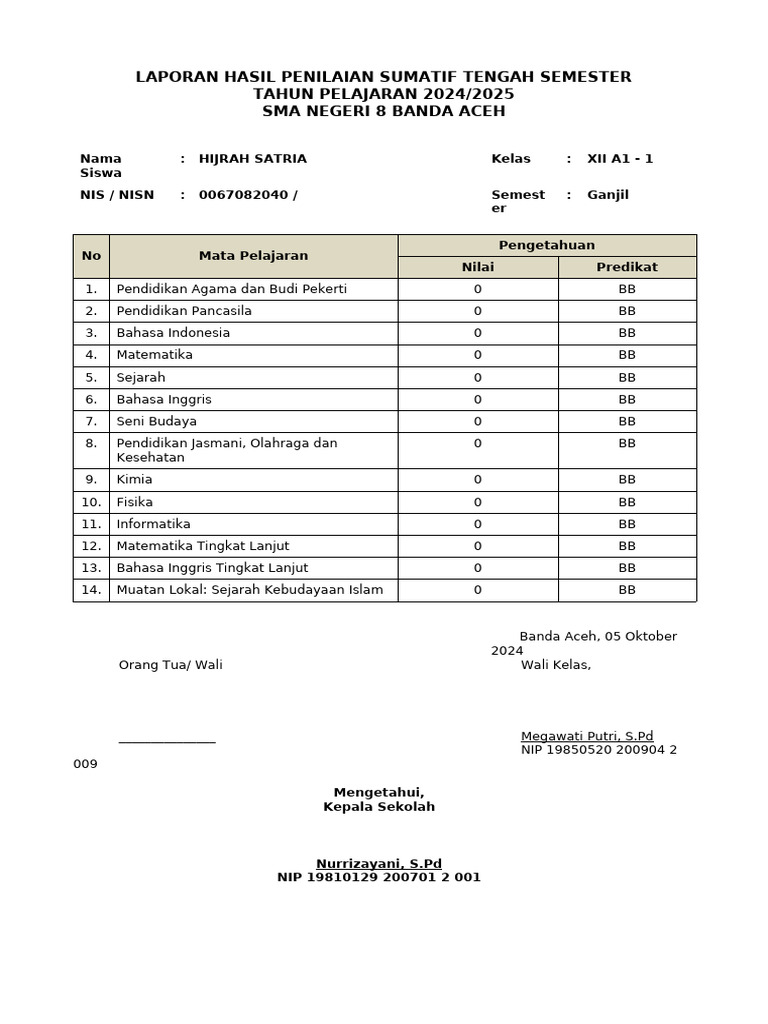 Rapor STS XII A1 - Ganjil 2024-2025 | PDF