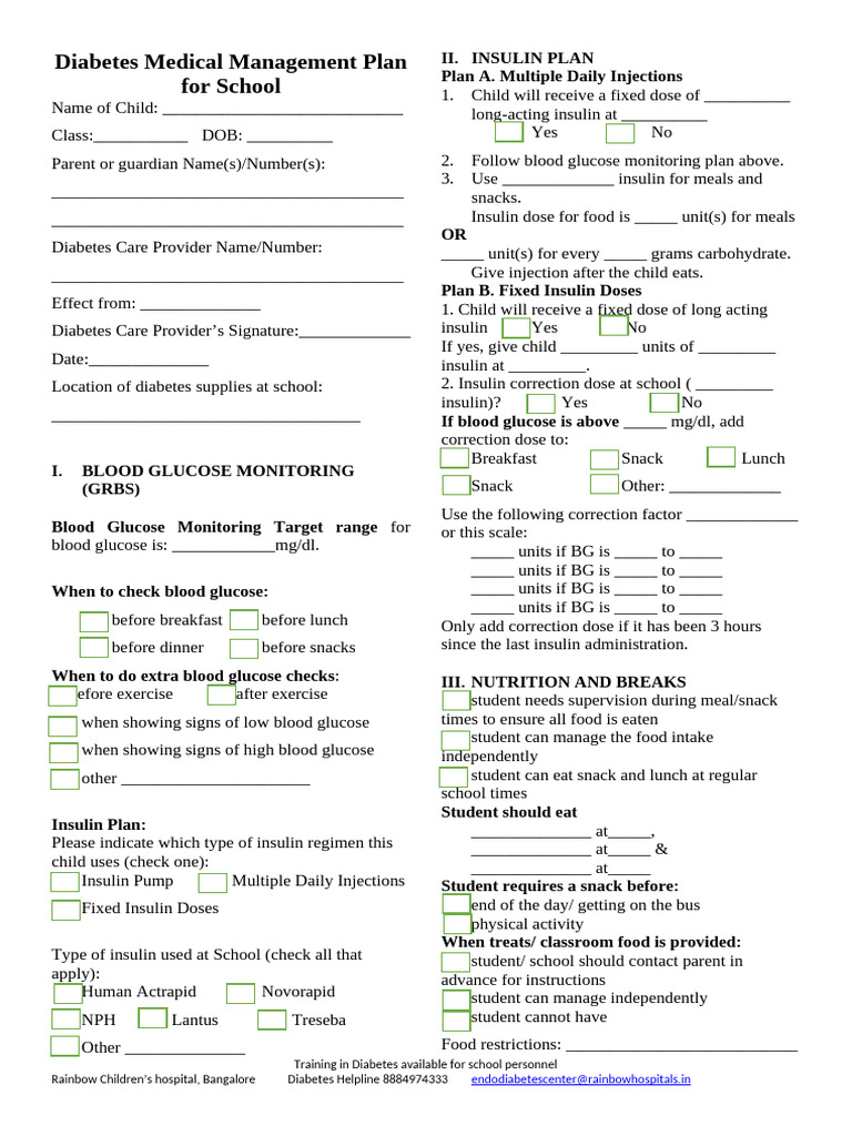 Diabetes Medical Management Plan FOR SCHOOL | PDF
