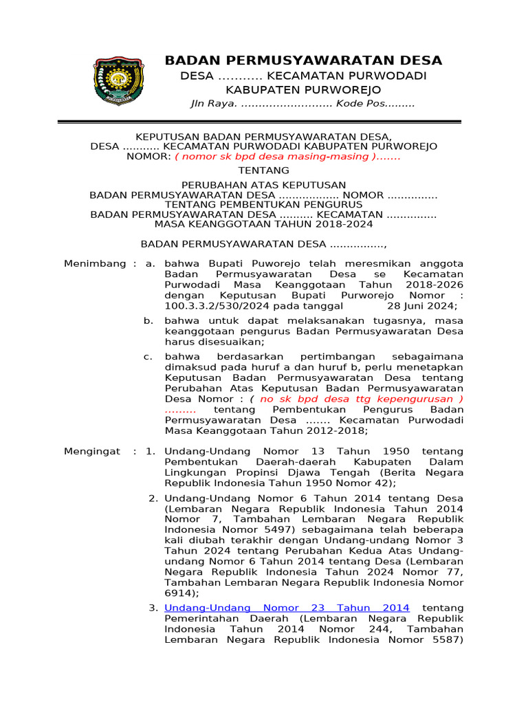 SK - PERUBAHAN - PENGURUS - BPD - Kec - Purwodadi Ok | PDF