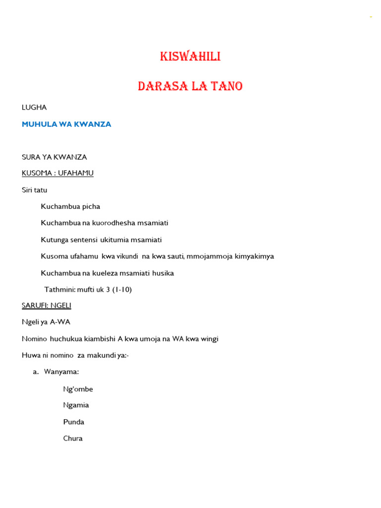 Kiswahili 5 Complete Notes Teacher - Co .Ke | PDF