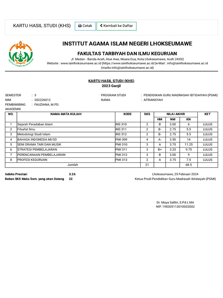 Kartu Hasil Studi (Khs) | PDF