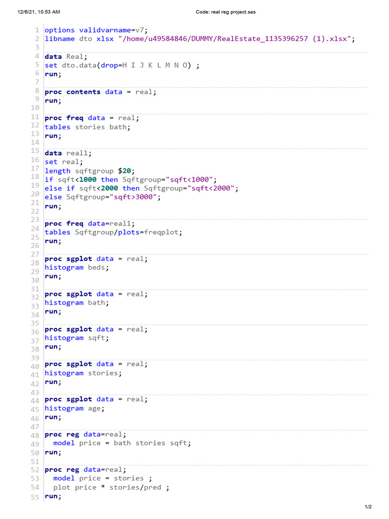 Code - Real Reg Project - Sas | PDF