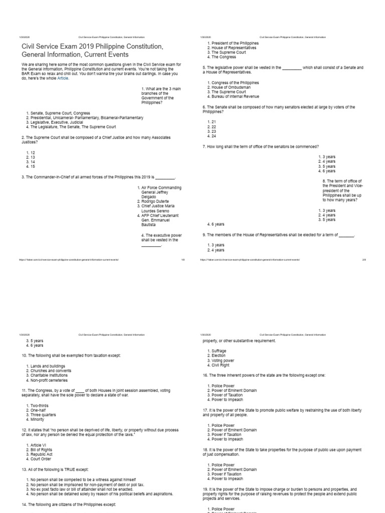 Civil Service Exam Philippine Constitution, General Information | PDF ...