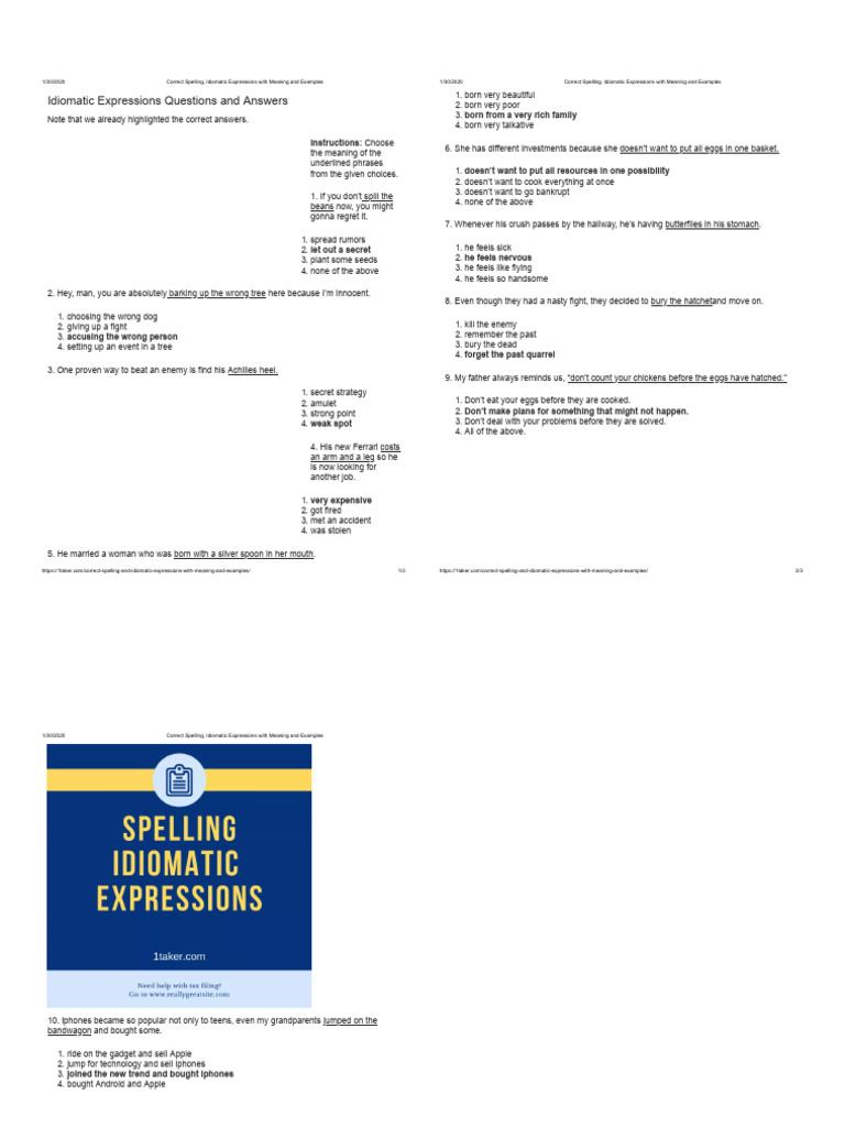 Correct Spelling, Idiomatic Expressions With Meaning and Examples | PDF