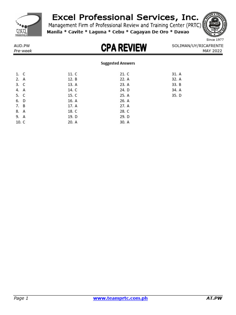 PRTC - AUD-Pre-week - Drill (Answers) - May 2022 | PDF | Fixed Asset ...