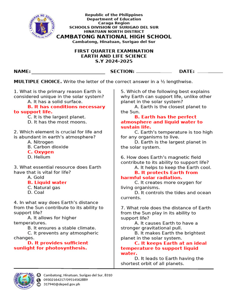 First Quarter Examination - Final Answer Key | PDF