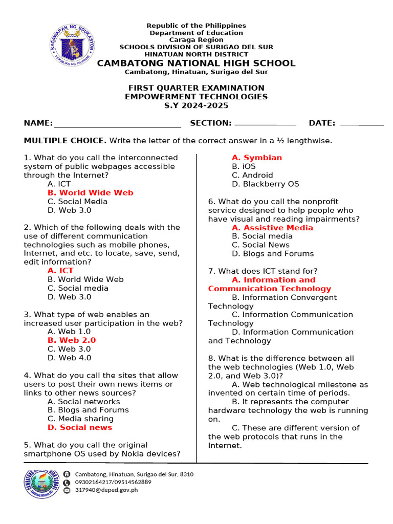 First Quarter Examination - Final Answer Key Emtech | PDF