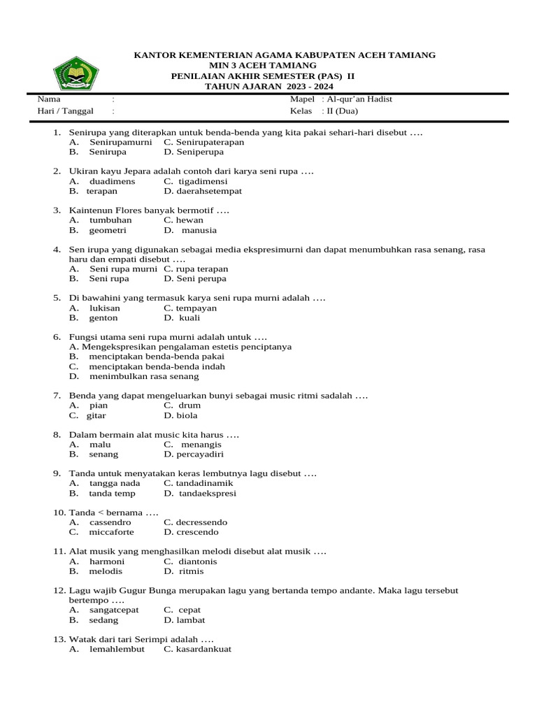 Soal Pas Kelas 4 SBD | PDF