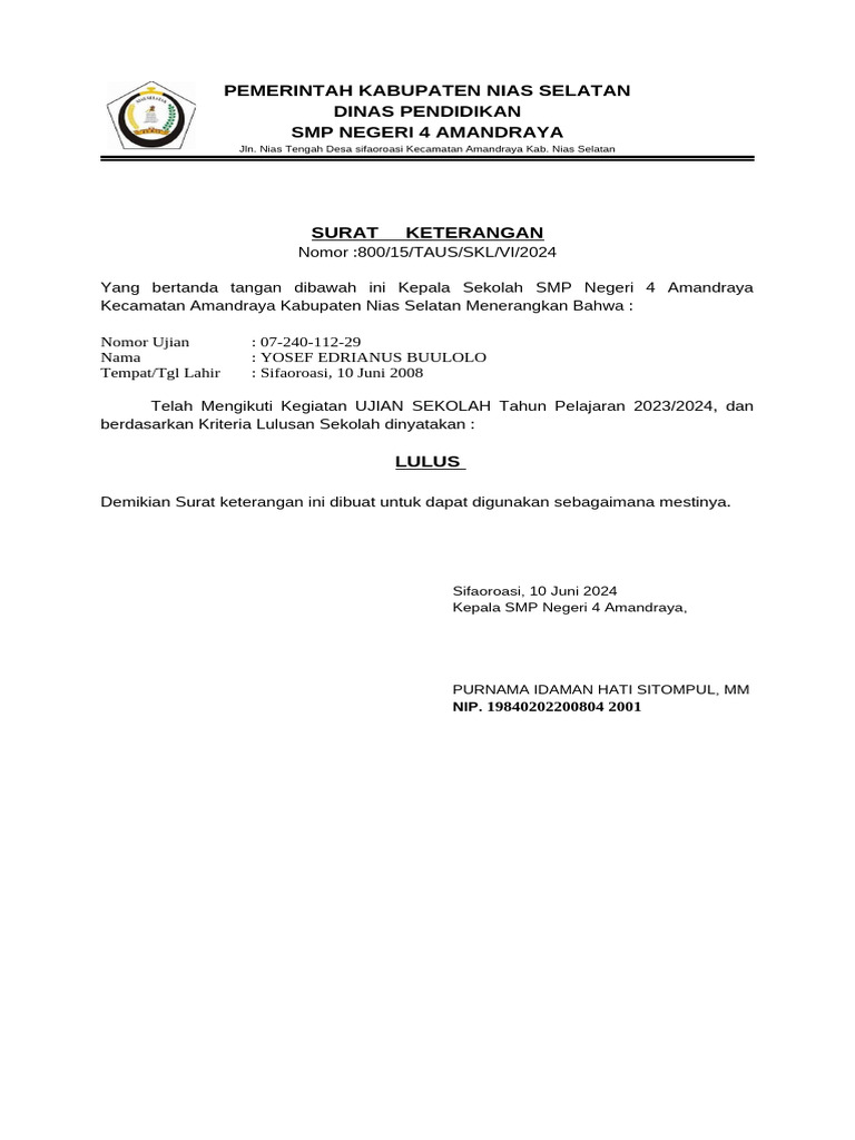 SKL SMP N 4 Amandraya 2024 | PDF