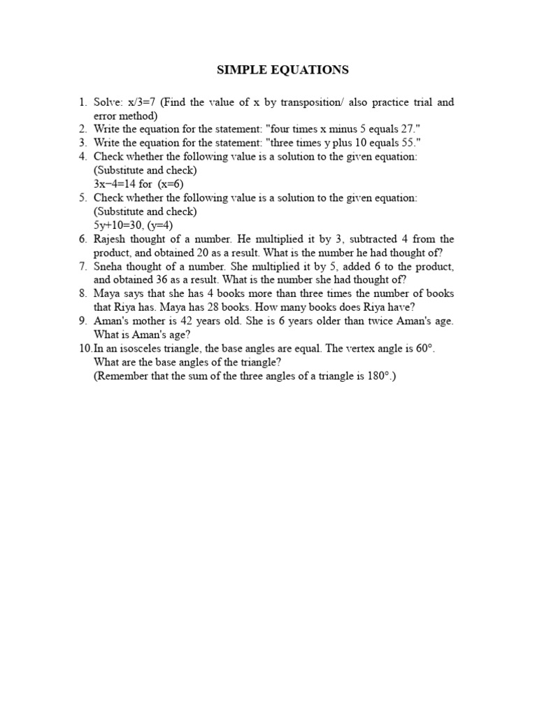 Simple Equations Questions From Key Concepts | PDF