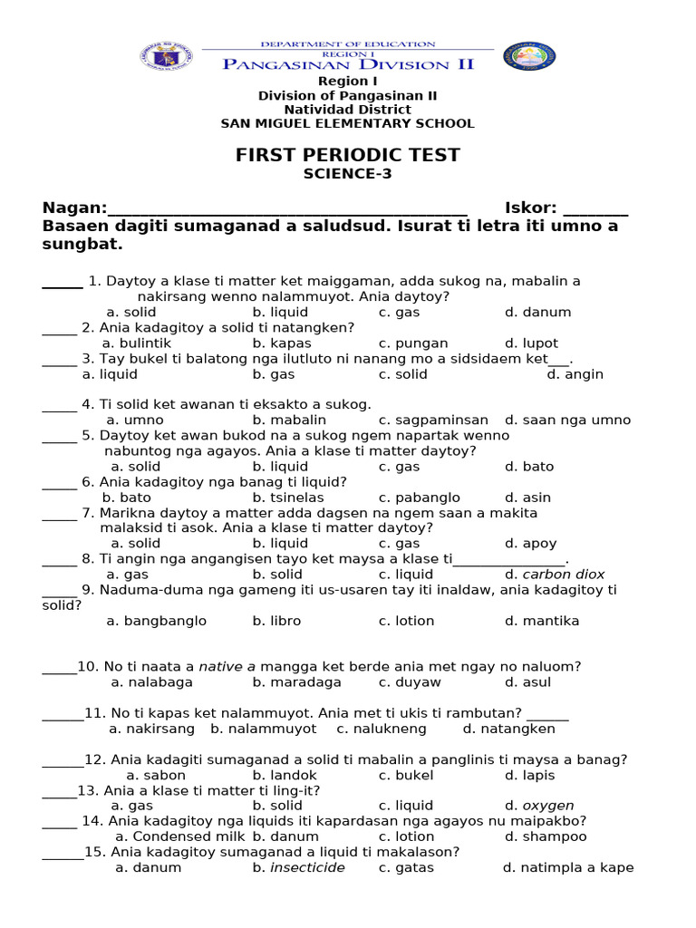 1st PT SCIENCE 3 | PDF