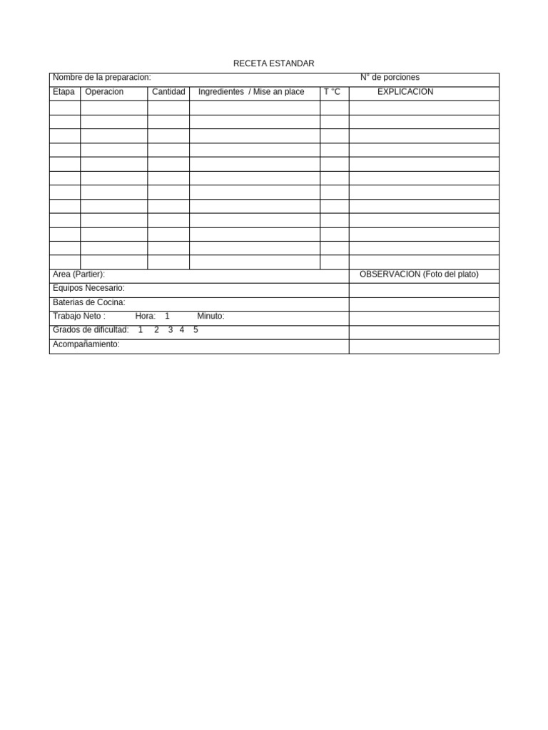 Formato Receta Estandar | PDF