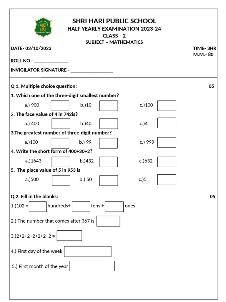 Class 2 Maths Pdf