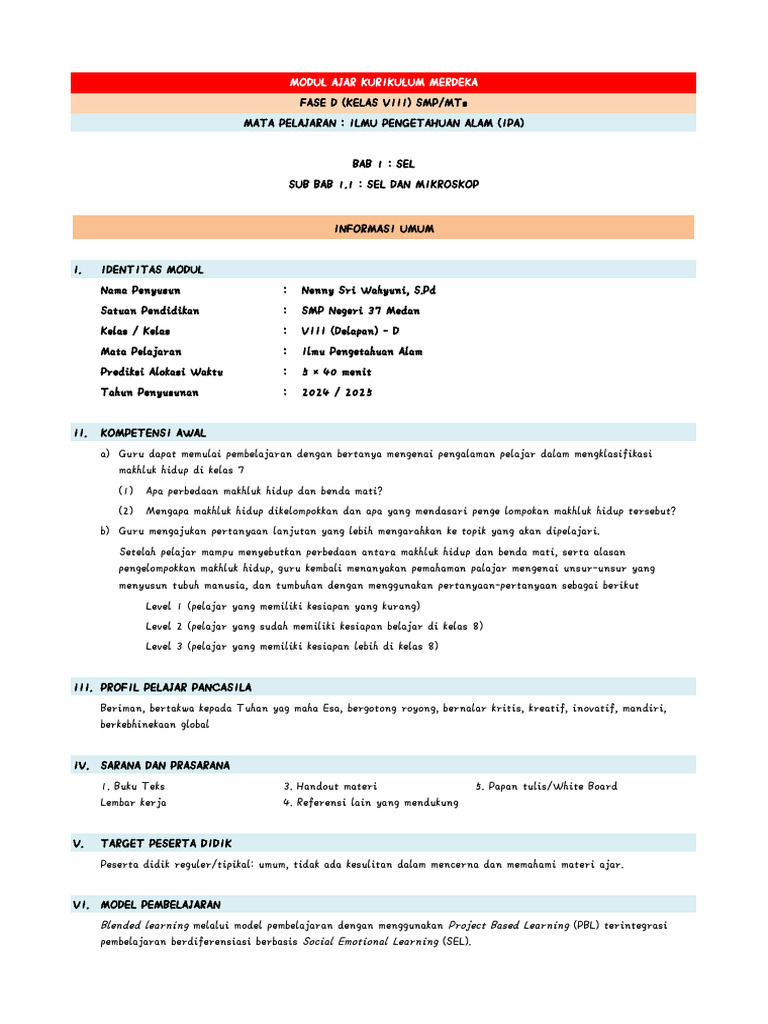 Modul Ipa Bab 1 (Pengenalan Sel) | PDF