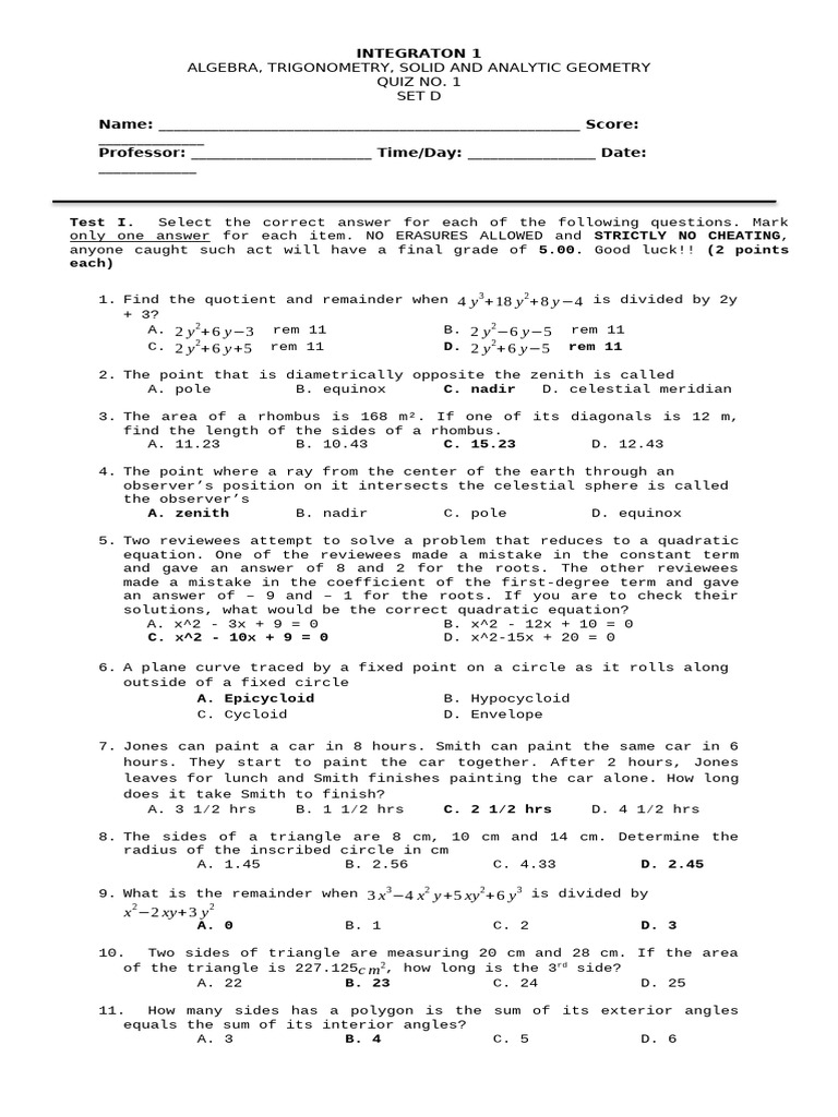 Quiz 1 Set D Answer Key | PDF