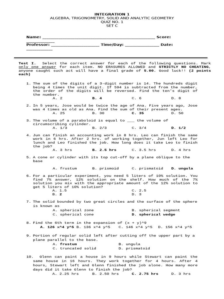 Quiz 1 Set C Answer Key | PDF