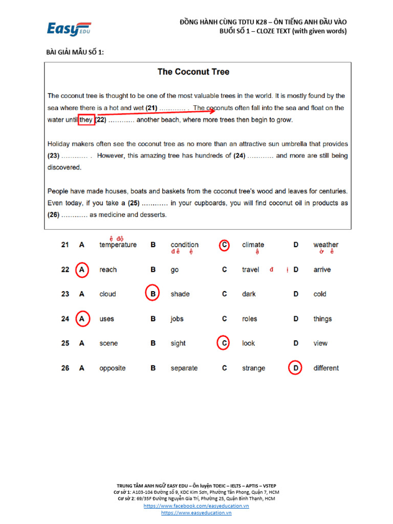 Reading Cloze Text (With Given Words) Bài S A | PDF