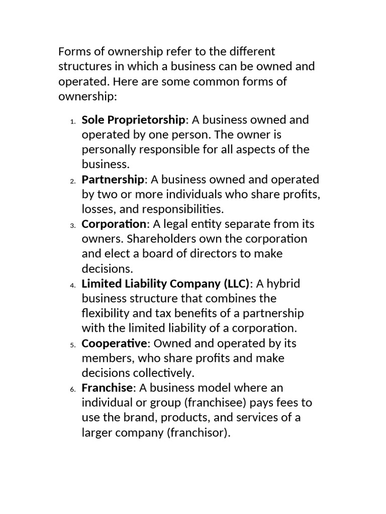 Forms of Ownership Refer To The Different Structur | PDF