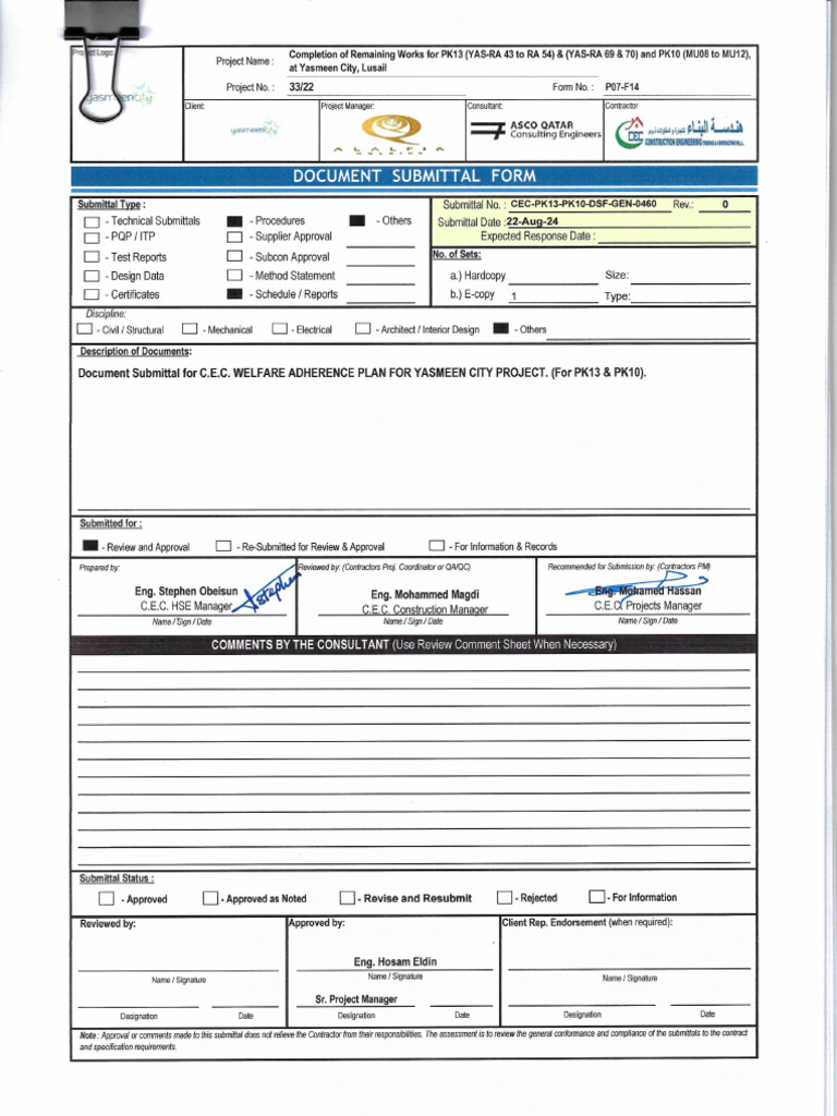 CEC-PK13-PK10-DSF-GEN-0460 R00 - DSF For C.E.C. WELFARE ADHERENCE PLAN FOR YASMEEN CITY PROJECT ...