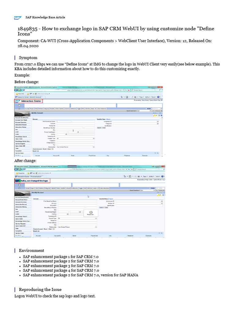 How To Exchange Logo in Sap CRM Webui by Using Customize Node "Define Icons" | PDF