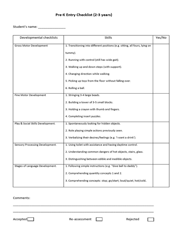 PreK Entry Checklist | PDF