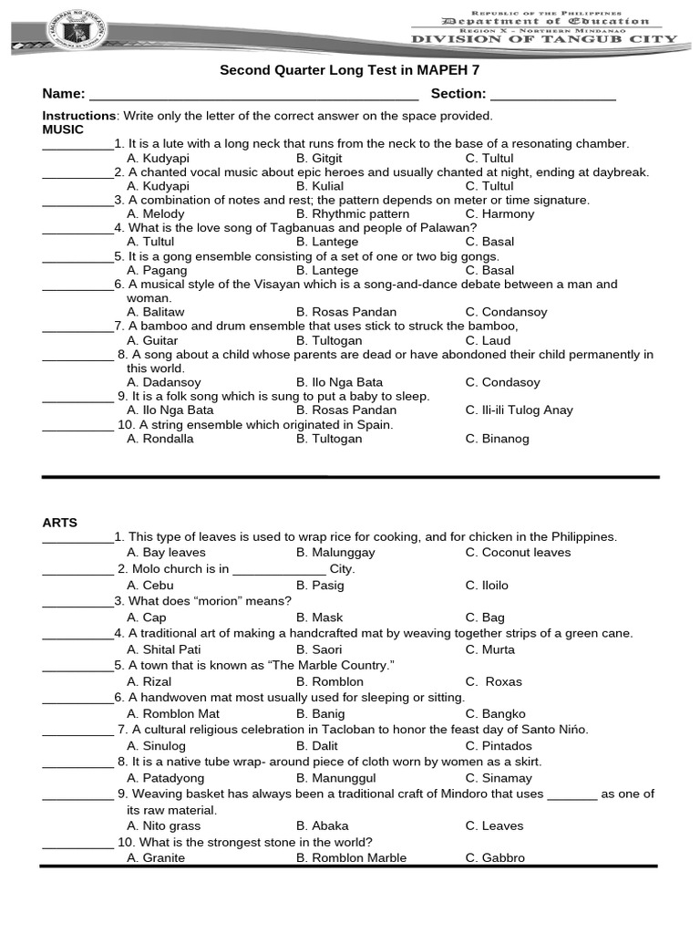 Mapeh Second Quarter Long Test | PDF