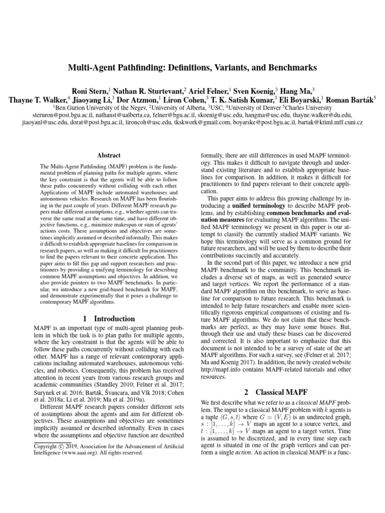 Multi-Agent Pathfinding: Definitions, Variants, and Benchmarks | PDF