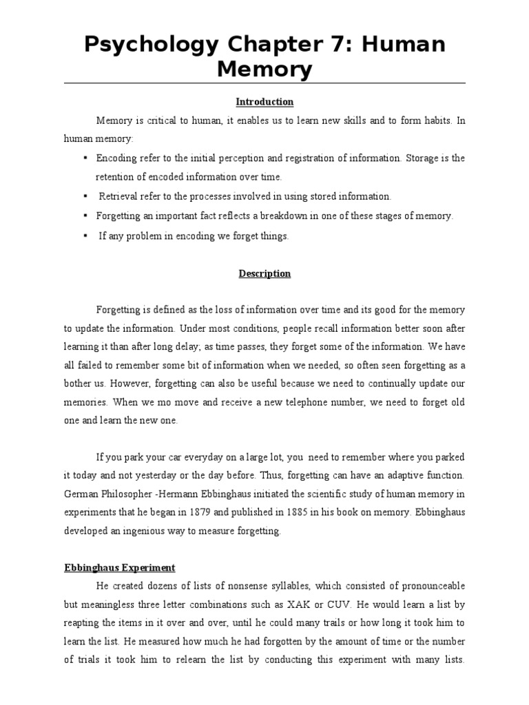 Psychology Chapter 7: Human Memory | PDF | Recall (Memory) | Memory