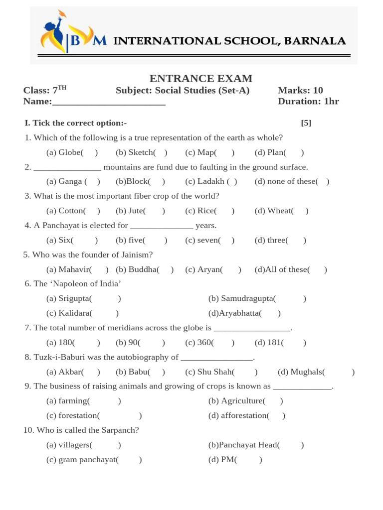 Entrance Test Class 7 Set A, B and C SST QP | PDF