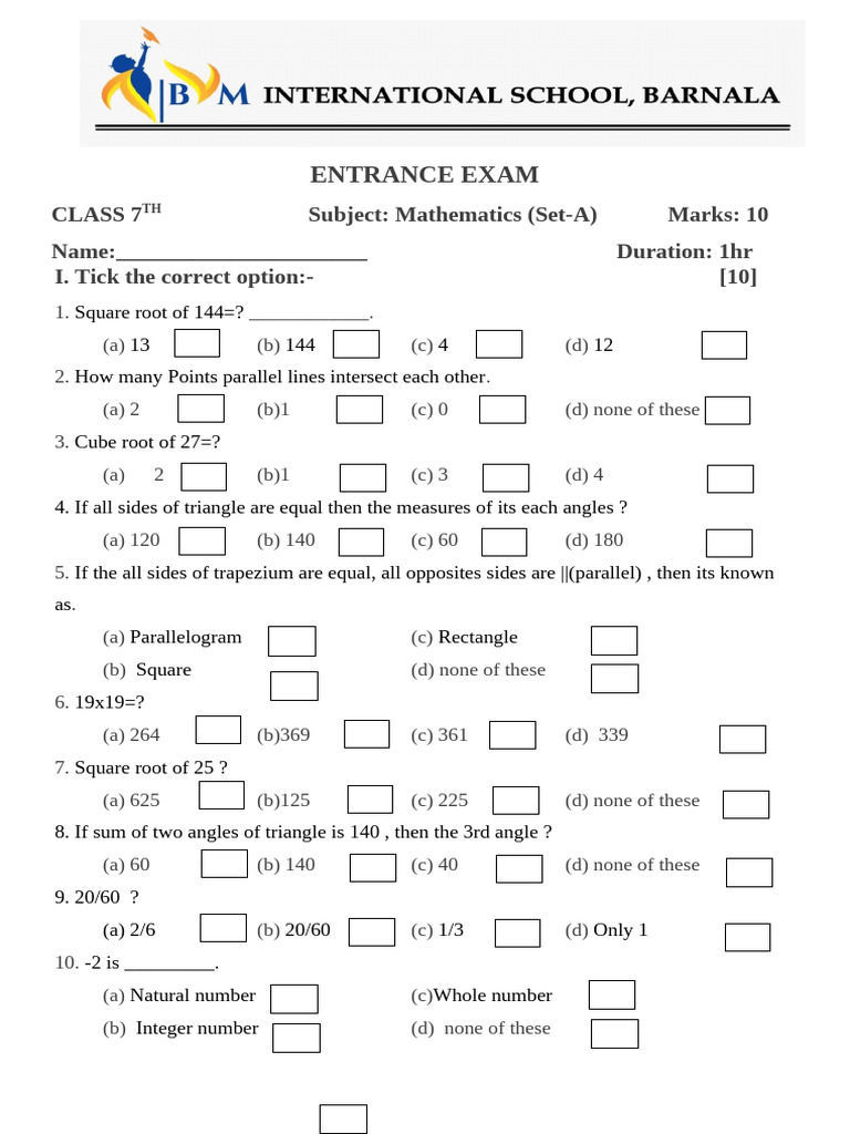 Entrance Test Class 7 Set A, B and C Mathematics QP | PDF