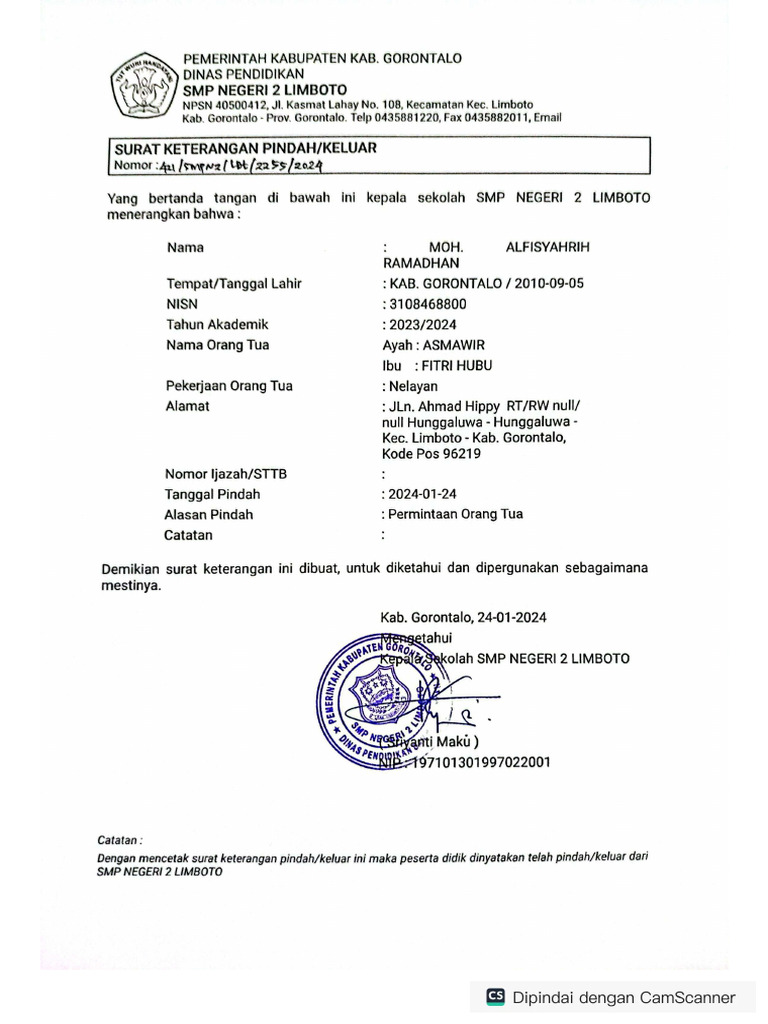 Surat Mutasi-Pindah Dapodik | PDF