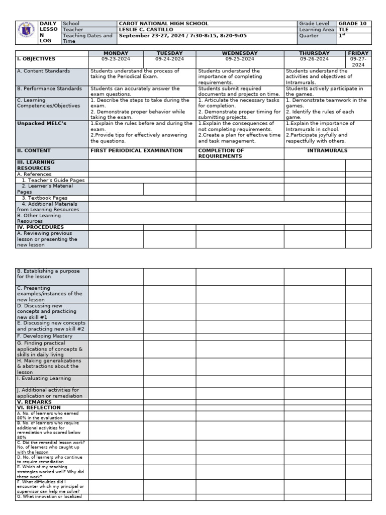 Tle 10 Daily Lesson Log | PDF
