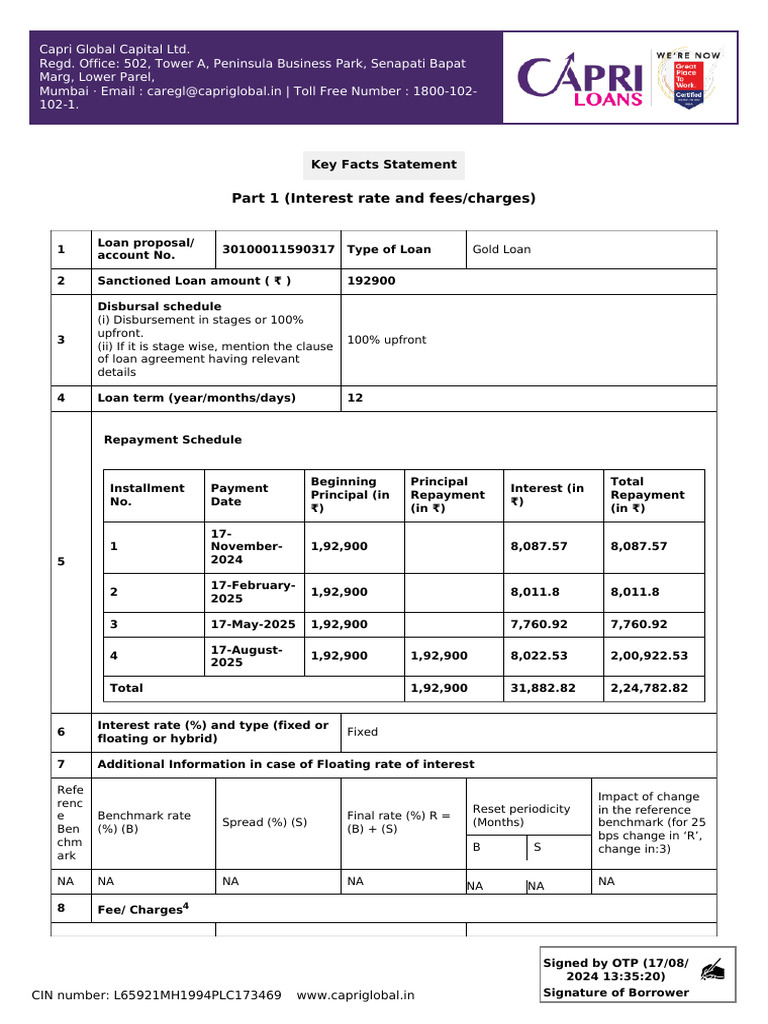 Part 1 (Interest Rate and Fees/charges) : Key Facts Statement | PDF