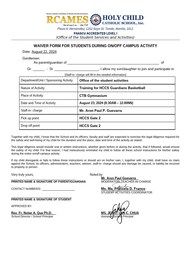 Club_Waiver Form On-Off Campus | PDF