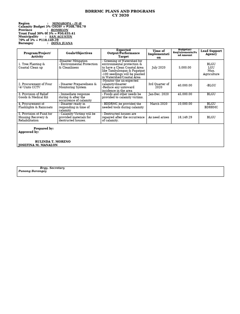 BDRRMC Plans and Programs | PDF