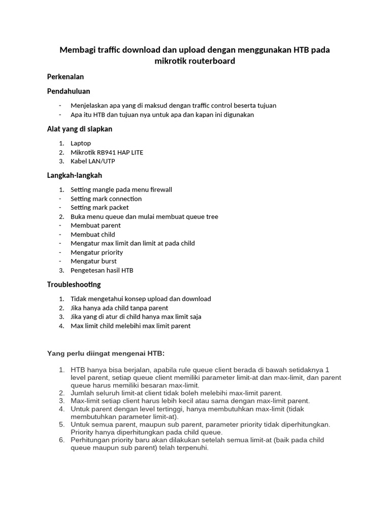 Membagi Traffic Download Dan Upload Dengan Menggunakan HTB Pada Mikrotik Routerboard | PDF