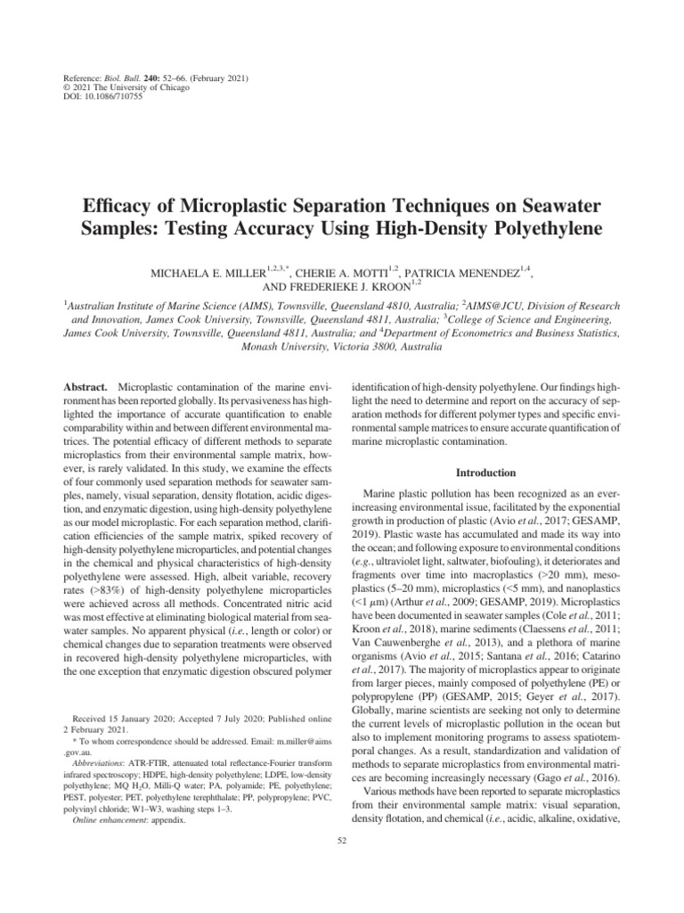 Ef Cacy of Microplastic Separation Techniques On Seawater Samples ...