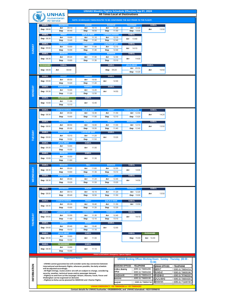 UNHAS Updated Weekly Flights Schedule Effective 01 September 2024 | PDF
